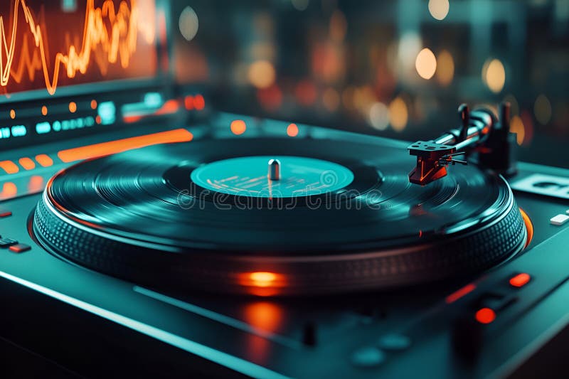 Turntable Close-up with Vinyl Record and Glowing Led Lights in a Modern ...
