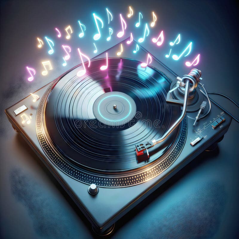Turntable with Dancing Neon Musical Notes Stock Illustration ...