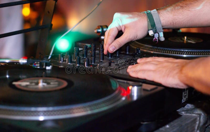 Turntable, Hand of Dj on the Vinyl Record at Night Club. Blured ...