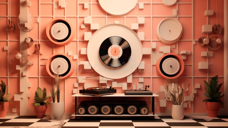 A Turntable with a Record Player on Top of it in a Room with a Wall of ...