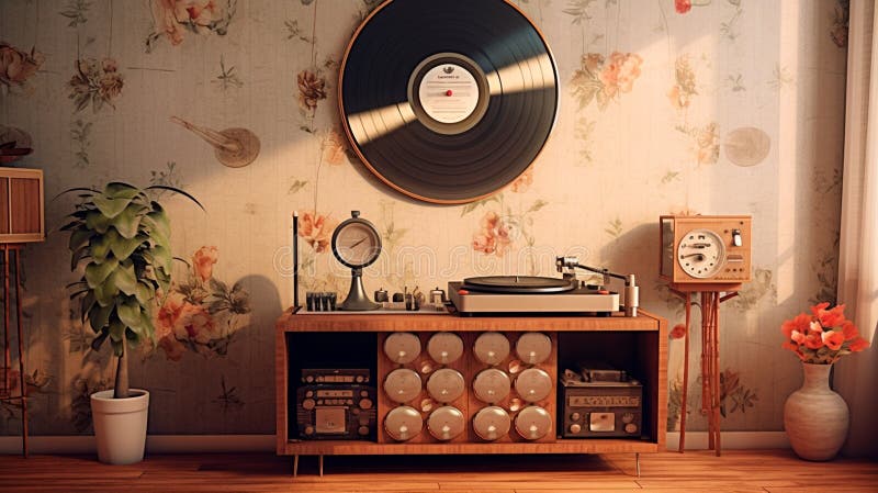 A Turntable with a Record Player on Top of it in a Room with a Wall of ...