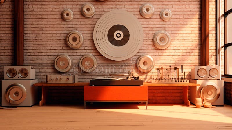 A Turntable with a Record Player on Top of it in a Room with a Wall of ...