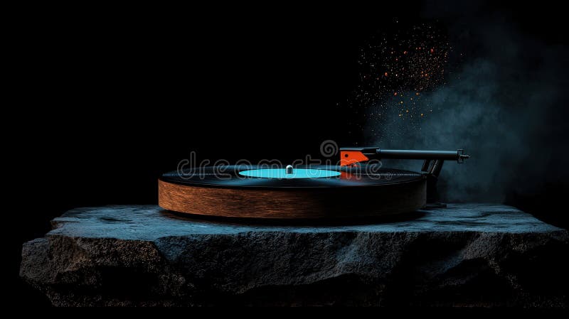 Turntable on a Rock Surface Dark Background with Smoke and Sparks Stock ...