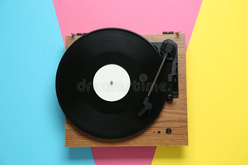 Turntable with Vinyl Record on Color Background, Top View Stock Image ...