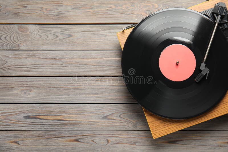Turntable Vinyl Record Grey Wooden Background Top View Space Text Stock ...