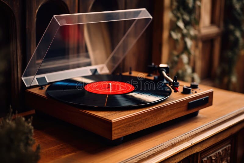 Turntable Vinyl Record Player on Wooden Table Stock Image - Image of ...