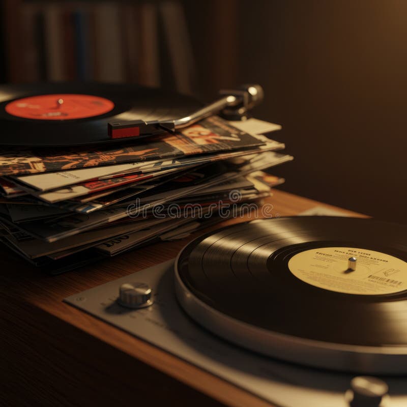 A Turntable with a Vinyl Record on it and a Stack of Record Covers Next ...