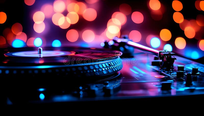 Turntable with Vinyl Record on Table Against Blurred Background ...