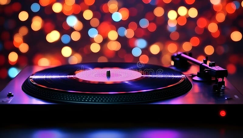 Turntable with Vinyl Record on Table Against Blurred Background ...