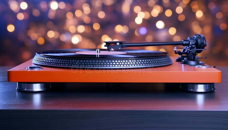 Turntable with Vinyl Record on Table Against Blurred Background ...