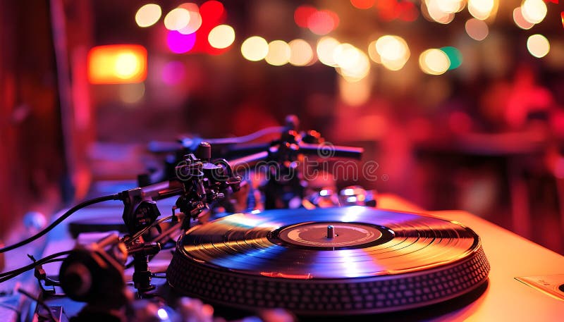 Turntable with Vinyl Record on Table Against Blurred Background ...