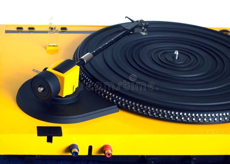 Vintage Yellow Turntable Plays Vinyl Record Closeup Stock Photo - Image ...