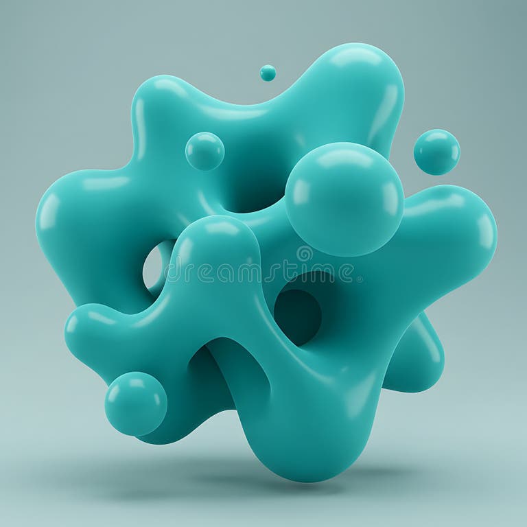 Turquoise Abstract Blob with Spheres on Light Blue Background, 3D ...