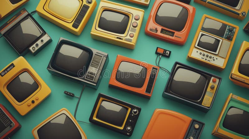 On a Turquoise Background, a Collection of Retro TV Sets Stock Photo ...