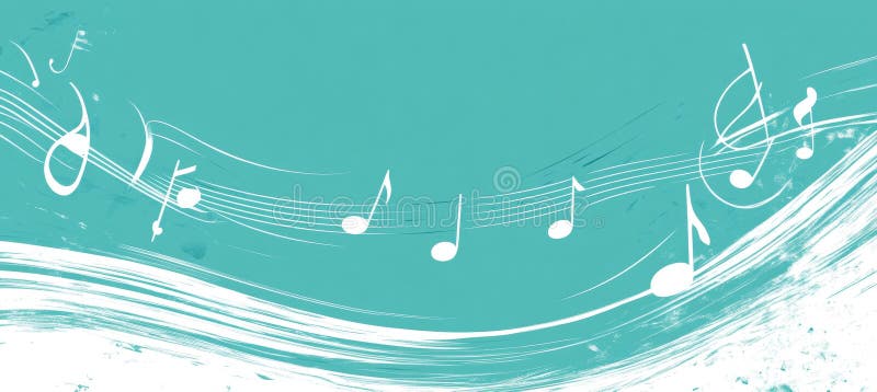 Turquoise Background with White Music Notes and Stave Flowing in a Wave ...