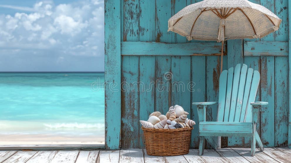 Turquoise Beach Scene with Rustic Chair, Seashells, and Ocean View ...