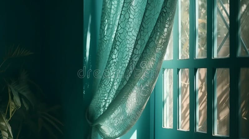Turquoise Blue Curtain Drape in Sunlight Window Grill. Generative Ai ...