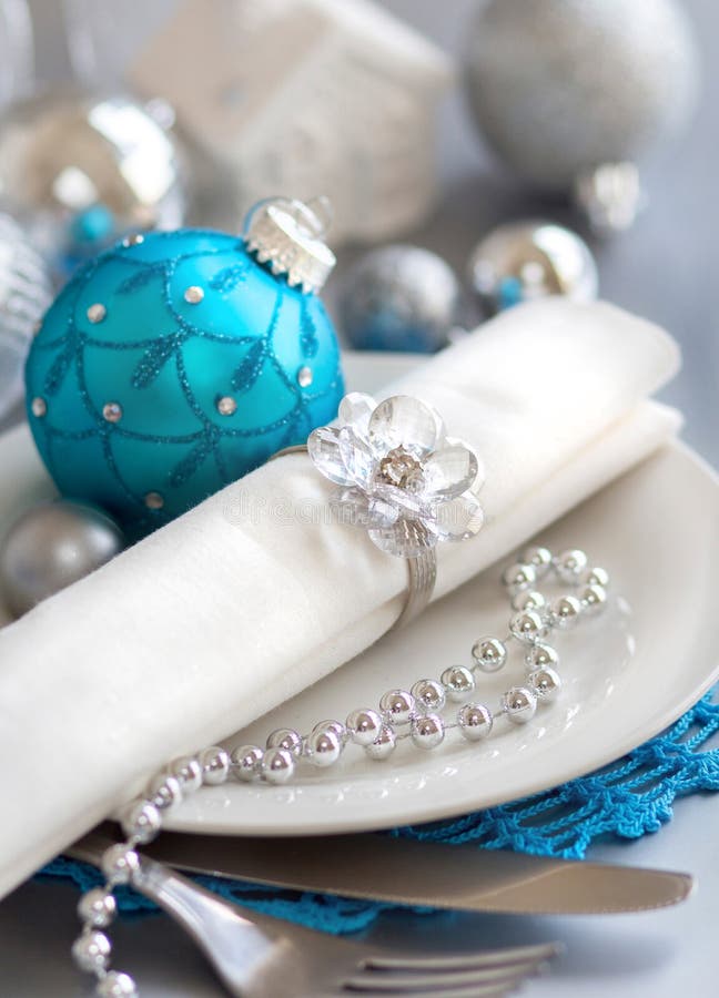 Turquoise Blue and Silver Christmas Table Setting Stock Photo - Image ...