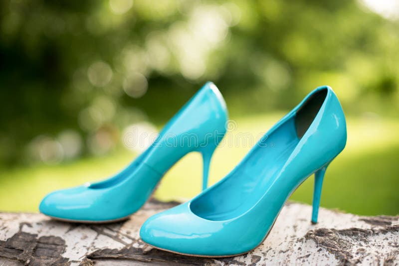 Turquoise Bridesmaid Shoes on the Tree, Green Lawn Stock Image - Image ...