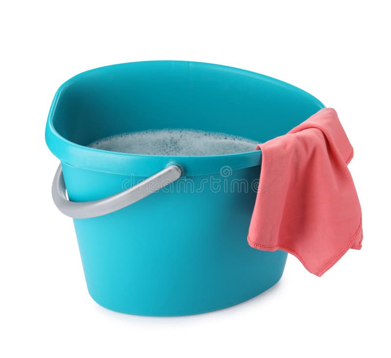 Turquoise Bucket with Detergent and Rag Isolated Stock Photo - Image of ...