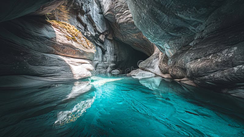 Turquoise Cave Pool with Sunlit Reflections and Natural Rock Formations ...