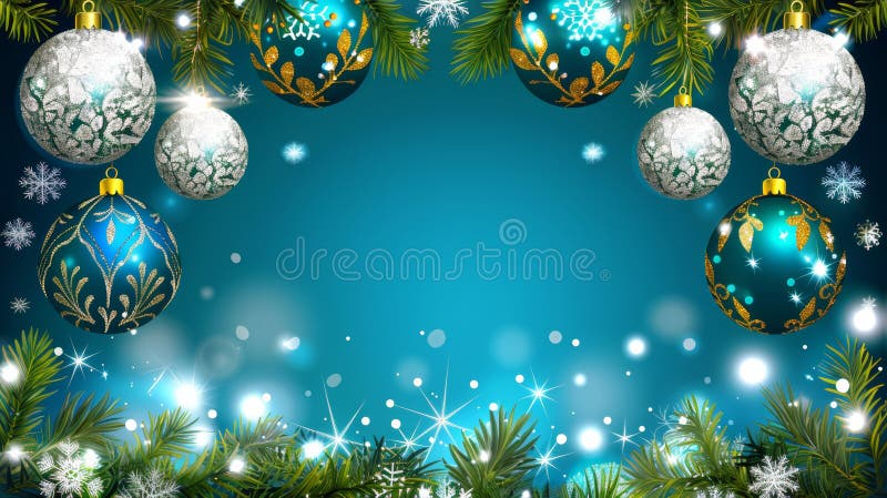 Turquoise Christmas Background with Glitter Decorations, Shinning Fir ...