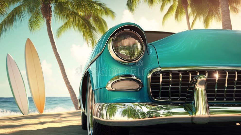 Turquoise Classic Car on Sandy Beach with Palm Trees Stock Illustration ...