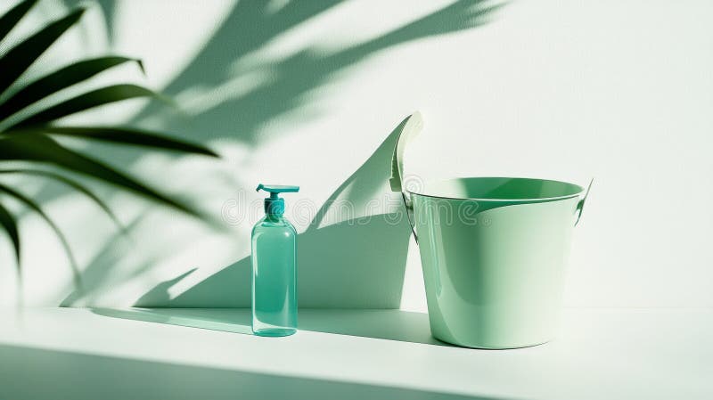 Turquoise Cleaning Supplies and Palm Tree Shadows on White Backdrop ...