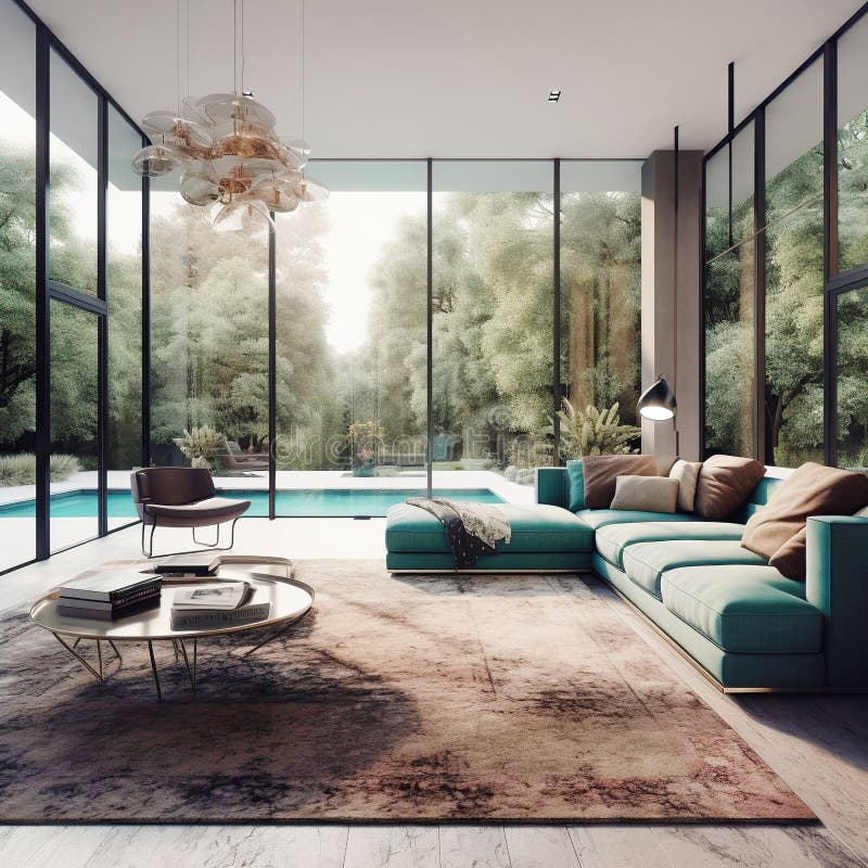 Turquoise Corner Sofa in Room with Panoramic High Windows. Interior ...