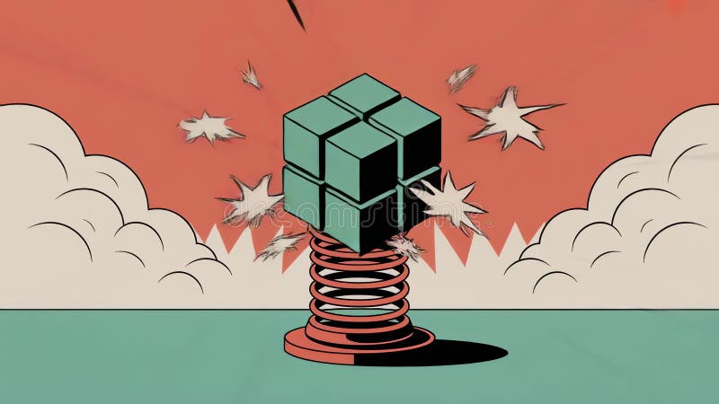 Turquoise Cube Bouncing on Red Spring Comic Style Animation Stock ...