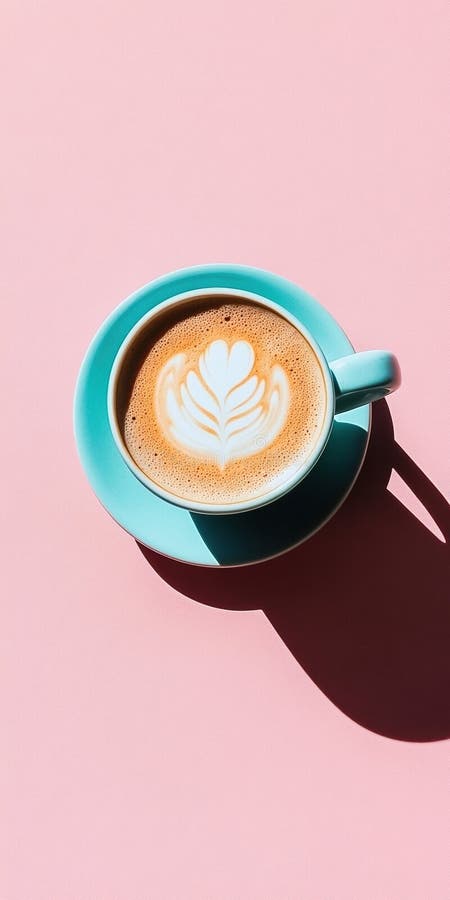 Turquoise Cup of Latte Art on Pale Pink Surface for Modern Coffee ...