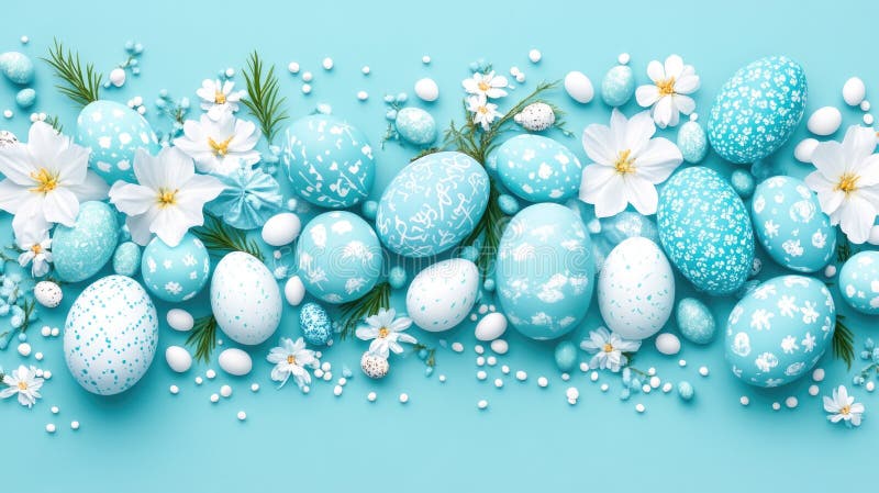 Turquoise Easter Eggs and White Flowers on Blue Background. Happy ...