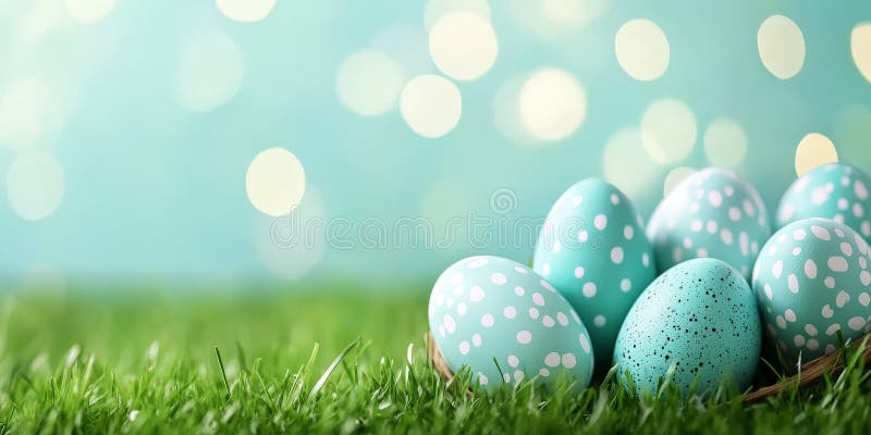 Turquoise Easter Eggs with White Polka Dots Resting on Green Grass ...