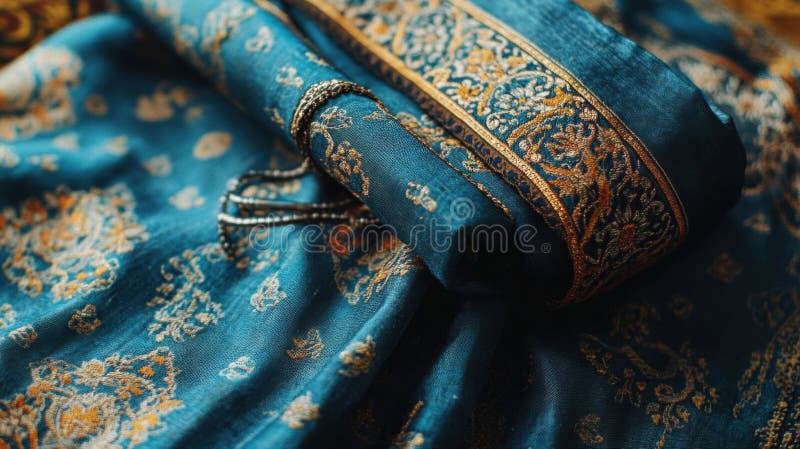 Turquoise Fabric Presents Artistic Ornamental Pattern, Silk Texture ...