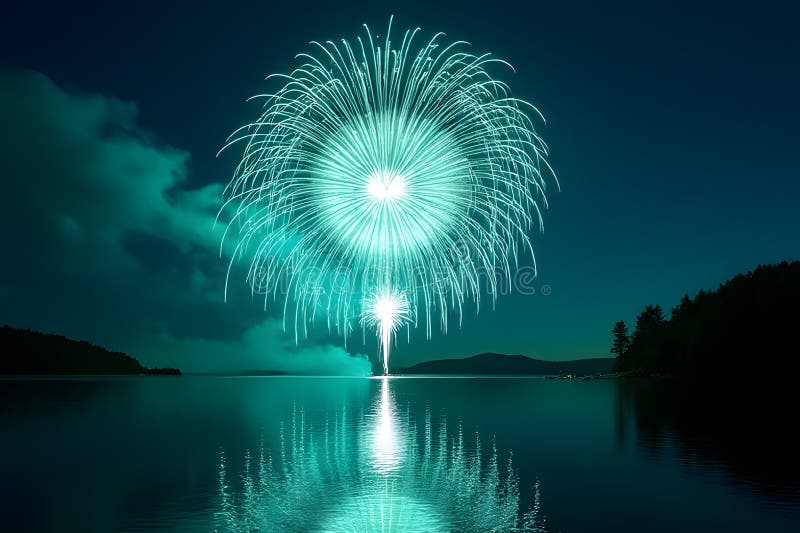 A Nighttime Sky Filled with Exploding Turquoise Fireworks, Their Sparks ...