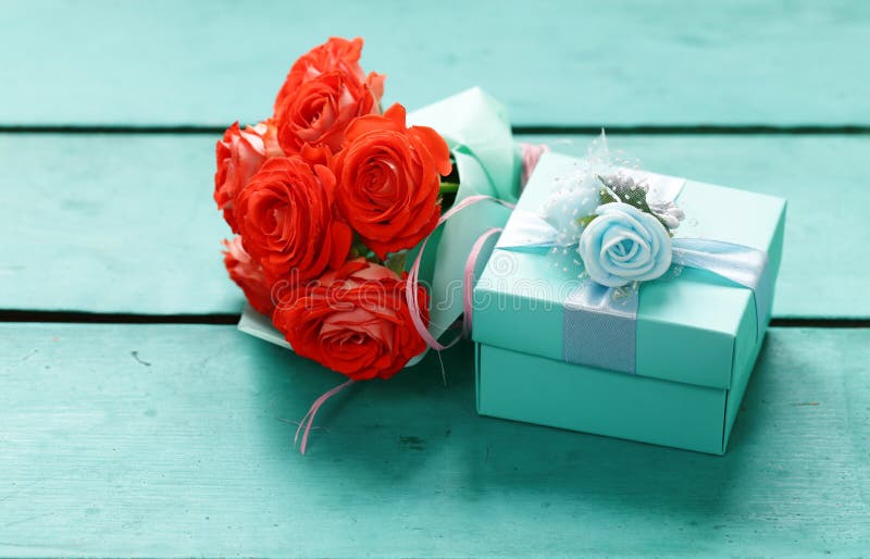 Turquoise Gift Box and Rose Flowers Stock Photo - Image of romantic ...