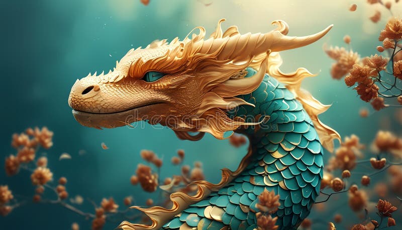 Turquoise and Gold Dragon6, Mythical Creature. Stock Image - Image of ...