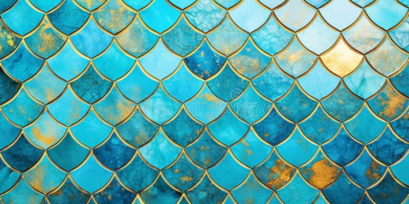 Turquoise and Golden Fish Scale Mosaic Pattern Tile Wall Background ...