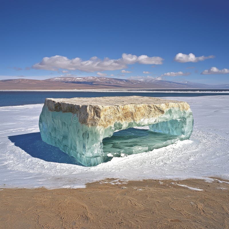 Turquoise Ice Block on Snowy Lake Shore with Mountain Background Stock ...