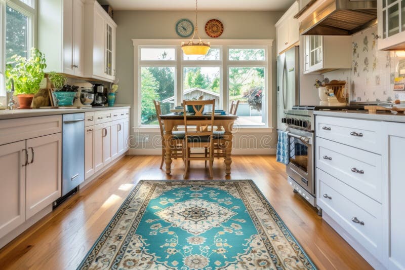 Turquoise Kitchen Rug in the Kitchen with White Counters Stock Image ...