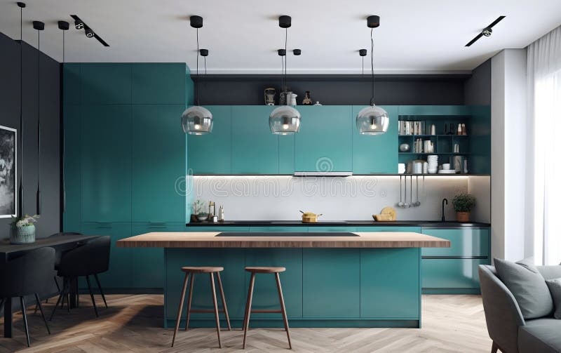 Turquoise Kitchen in Studio Apartment: Interior Design. Generative AI ...