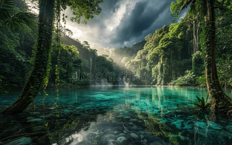 Turquoise Lake in Lush Rainforest with Mist and Storm Clouds Overhead ...