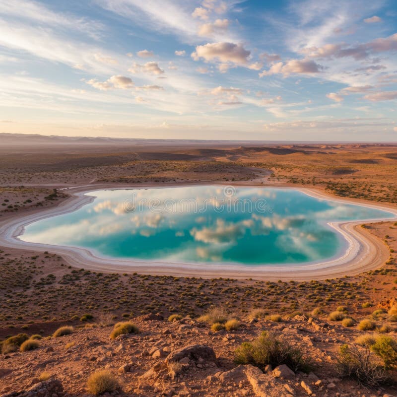 Turquoise Lake Reflecting Clouds in Desert Landscape Stock Illustration ...