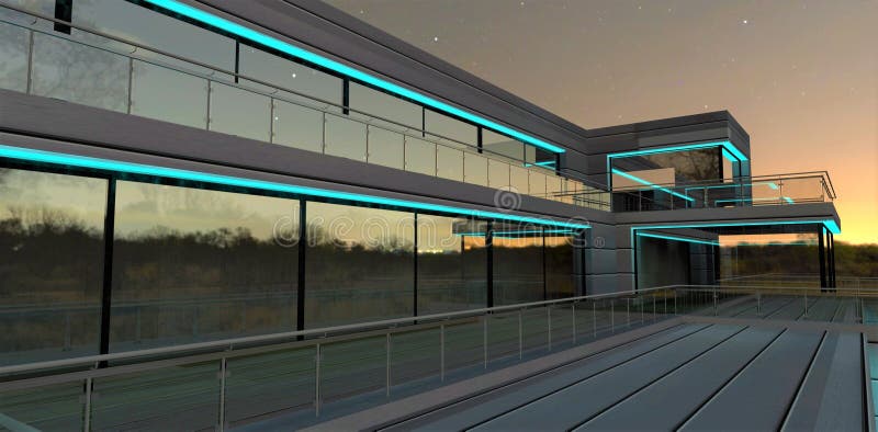 Turquoise LED Illumination of the Facade of a Modern Advanced Private ...