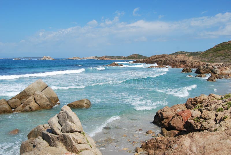 Turquoise Mediterranean Beach with Waves, Sand, and Rocks. Summer Beach ...