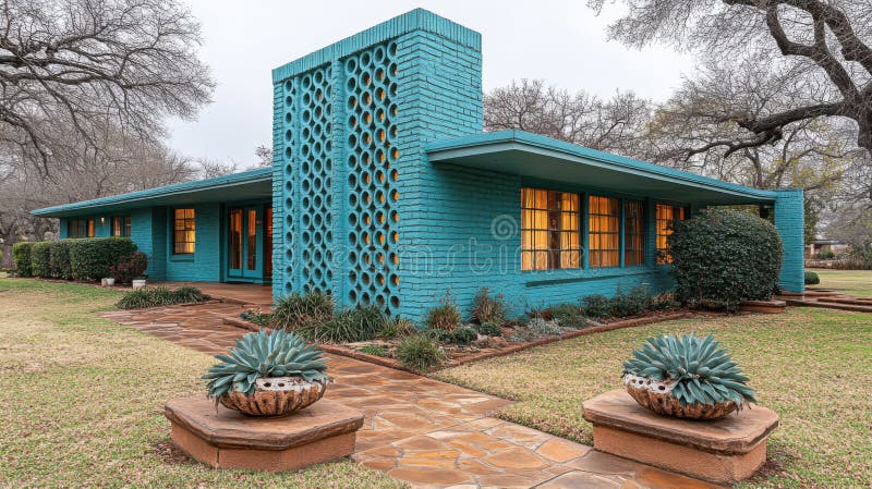 Turquoise Modern House Exterior with Geometric Pattern Stock Photo ...