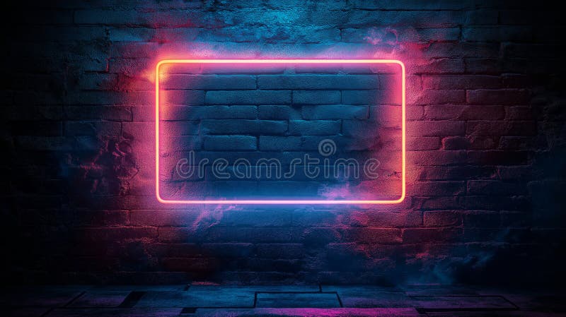 Turquoise Neon Frame on Dark Brick Wall - Glowing Light Effect with ...