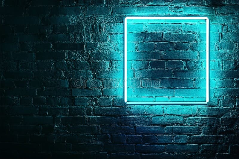 Turquoise Neon Light Frame on Dark Brick Wall Background with Copy ...
