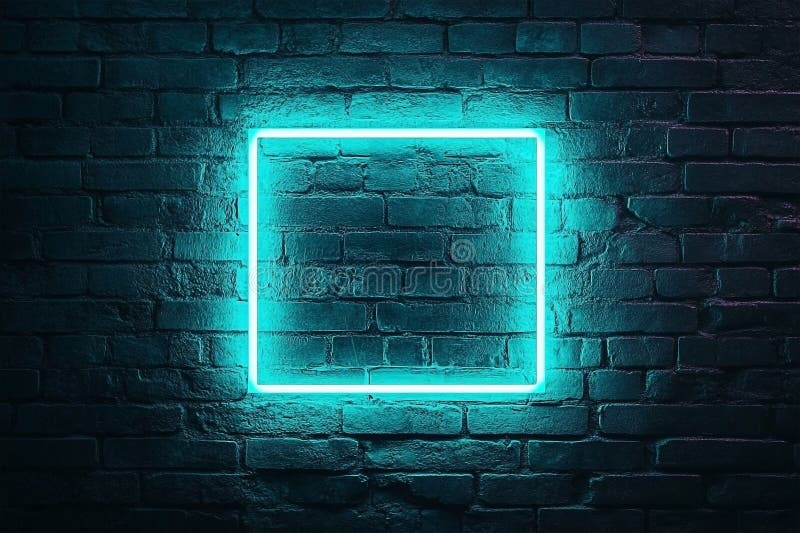 Turquoise Neon Light Frame on Dark Brick Wall Background with Copy ...