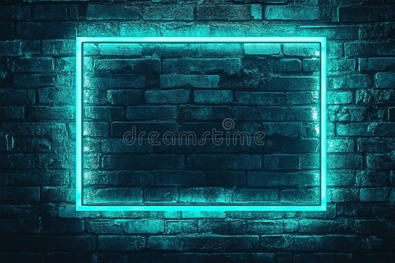 Turquoise Neon Light Frame on Dark Brick Wall Background with Copy ...